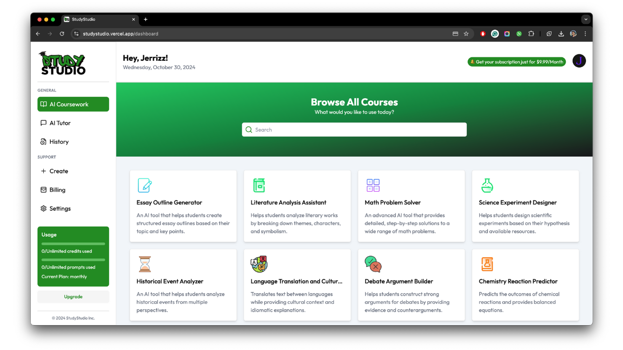 StudyStudio - AI Educational App, Course Helper, Custom AI Tutor Creator SAAS System by Jerrizz